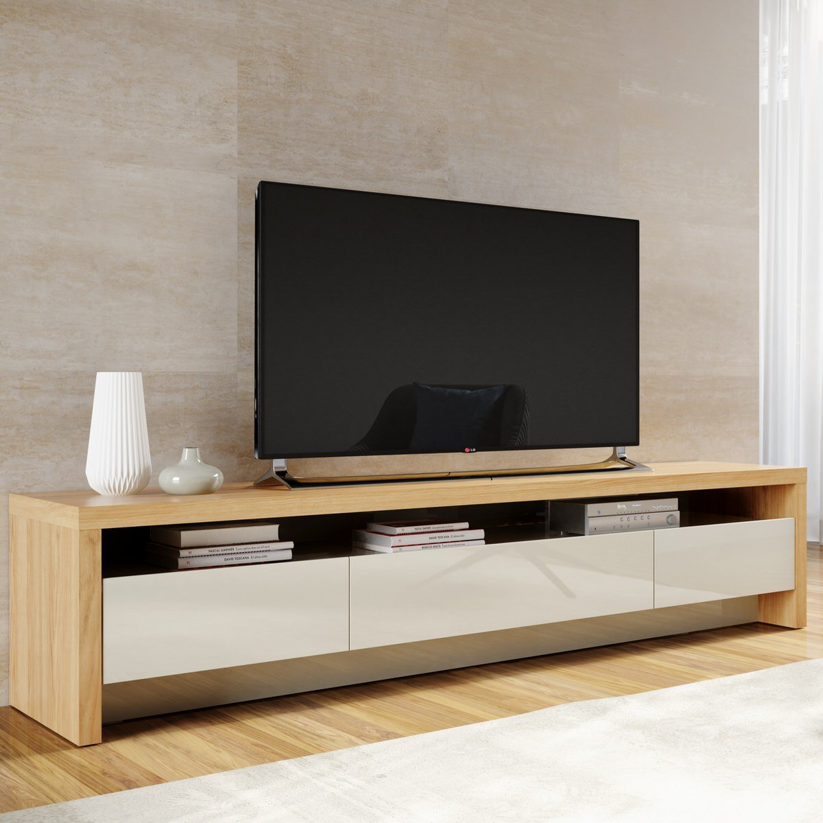 Sylvan 70.86 Inch Off White Natural Wood TV Stand w 3 Drawer by Manhattan Comfort