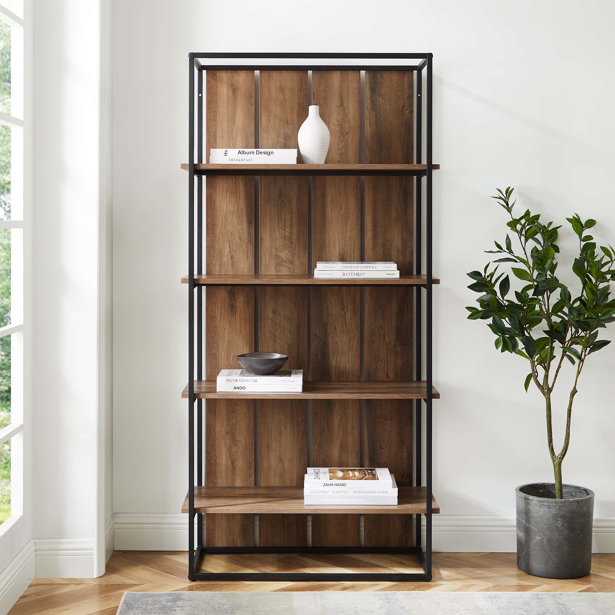 64" Farmhouse Plank Back Bookshelf - Reclaimed Barnwood/Black at Futonland