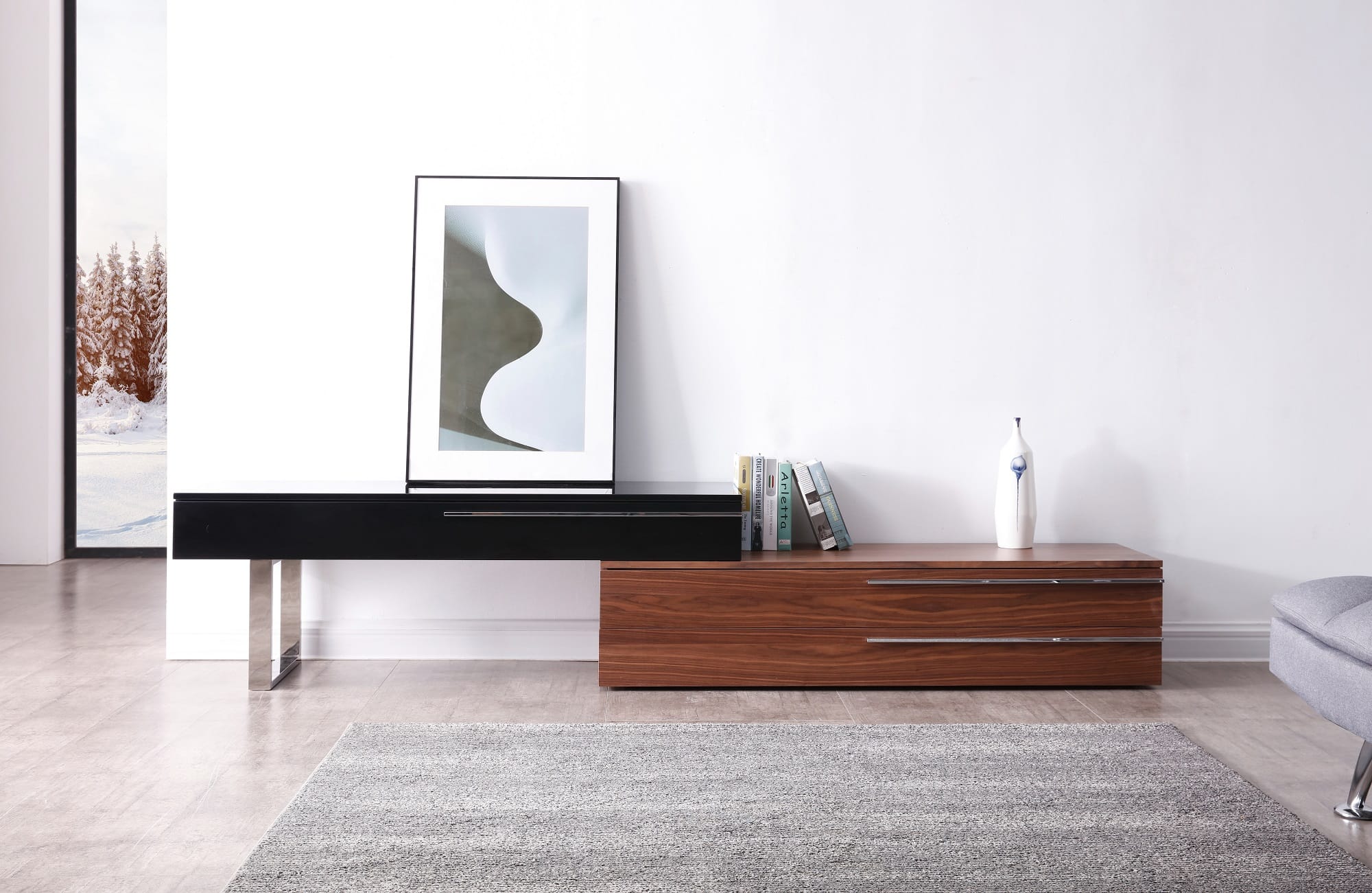 Hudson Walnut & Black Wood TV Base at Futonland