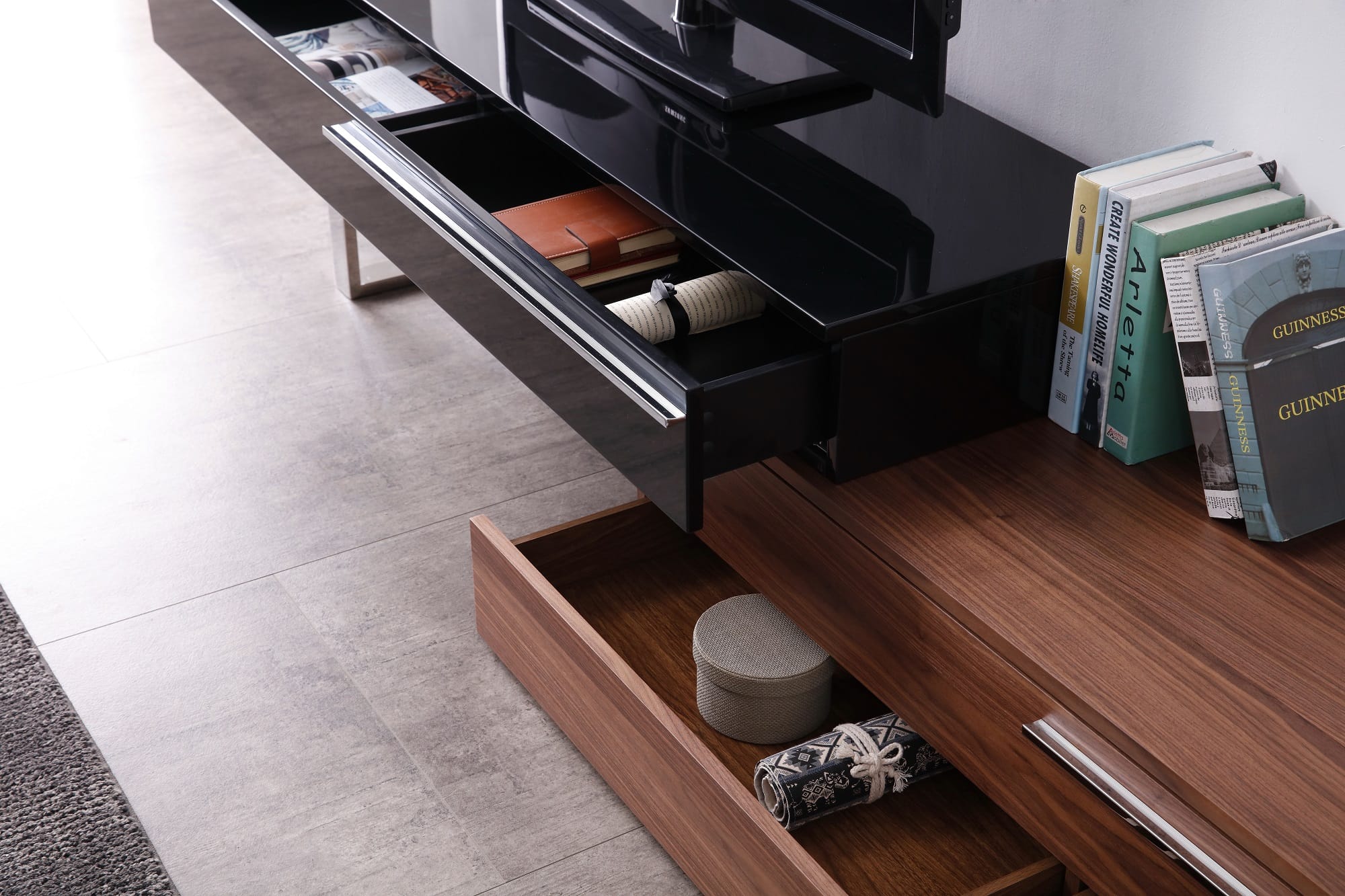 Hudson Walnut & Black Wood TV Base at Futonland