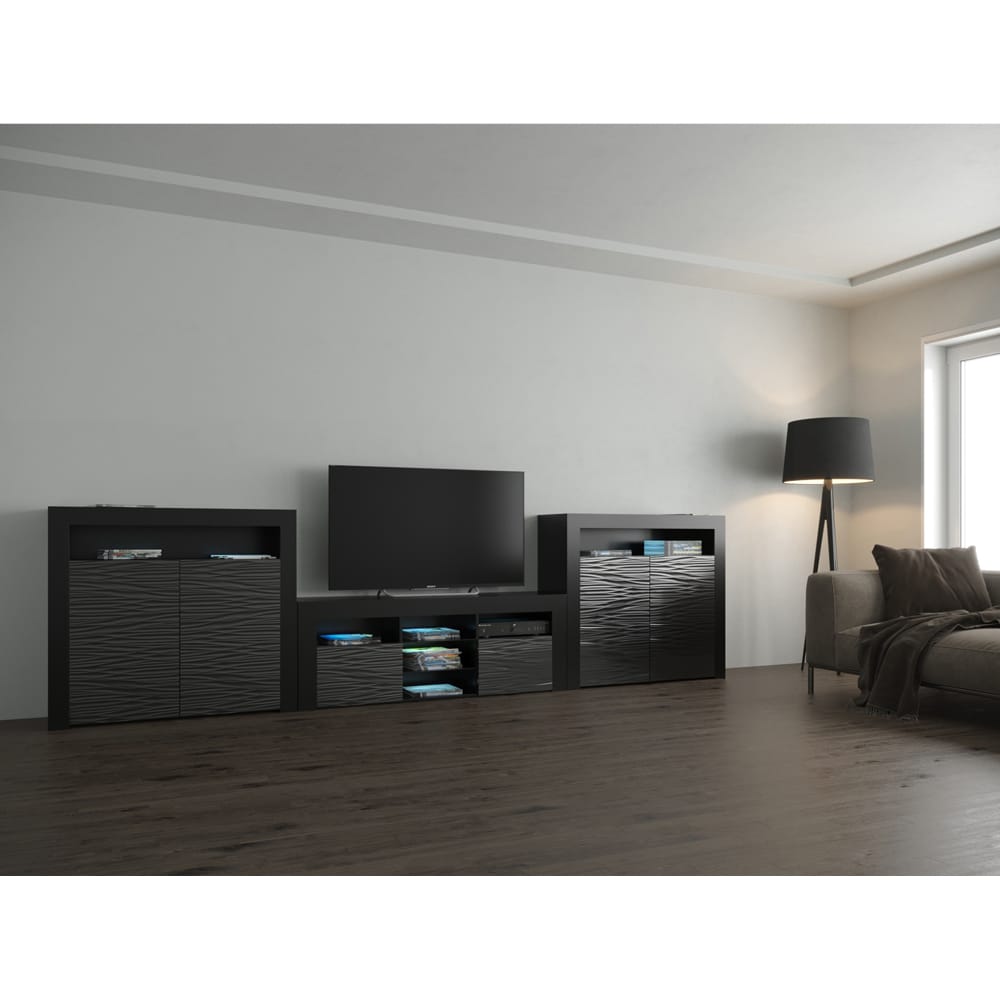 Milano Set 145-2D-2D Modern Black & Wavy Wall Unit Entertainment Center ...