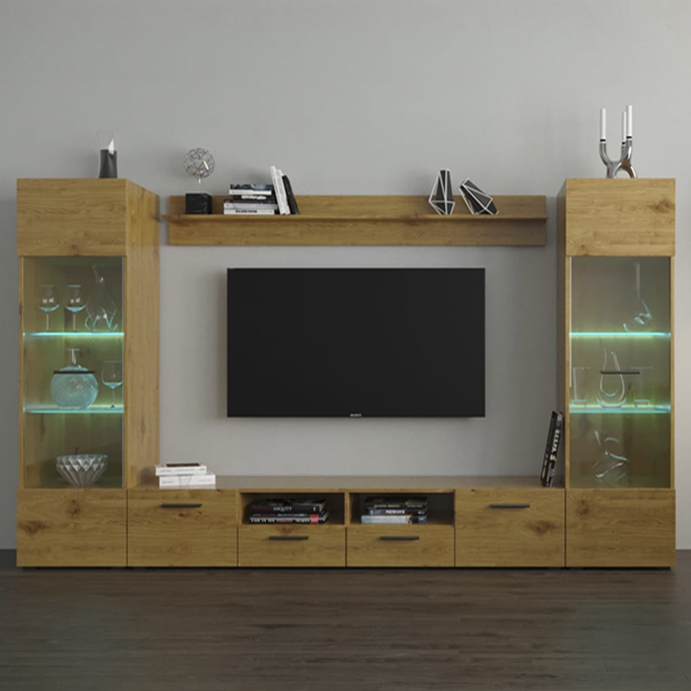 Modica Oak Modern 102" Wall Unit Entertainment Center at Futonland