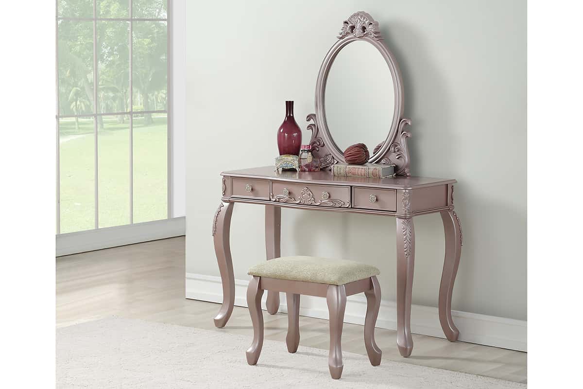 F4169 Rose Gold Rubber Wood Vanity Set w/Stool by Poundex
