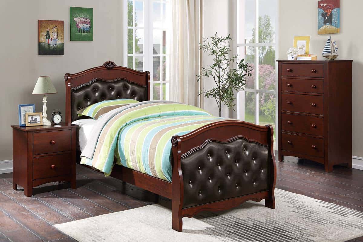 F9581 Espresso Faux Leather & Pine Veneer Bed at Futonland
