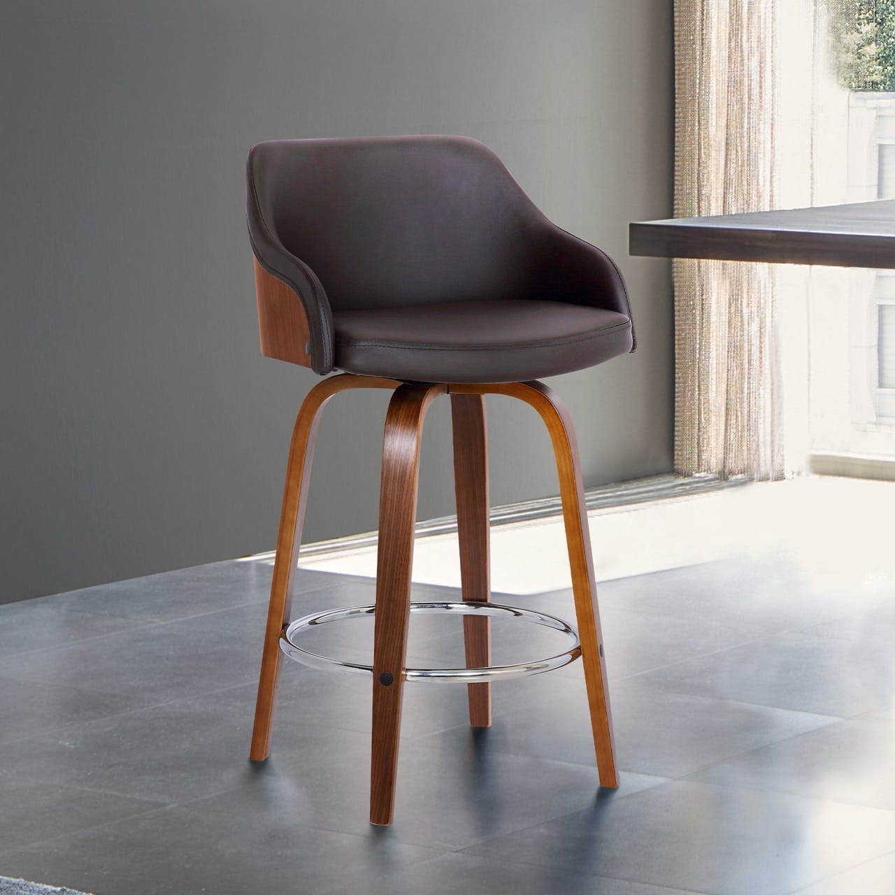 Alec 30" Swivel Bar Stool - Walnut Wood & Brown Faux Leather at Futonland