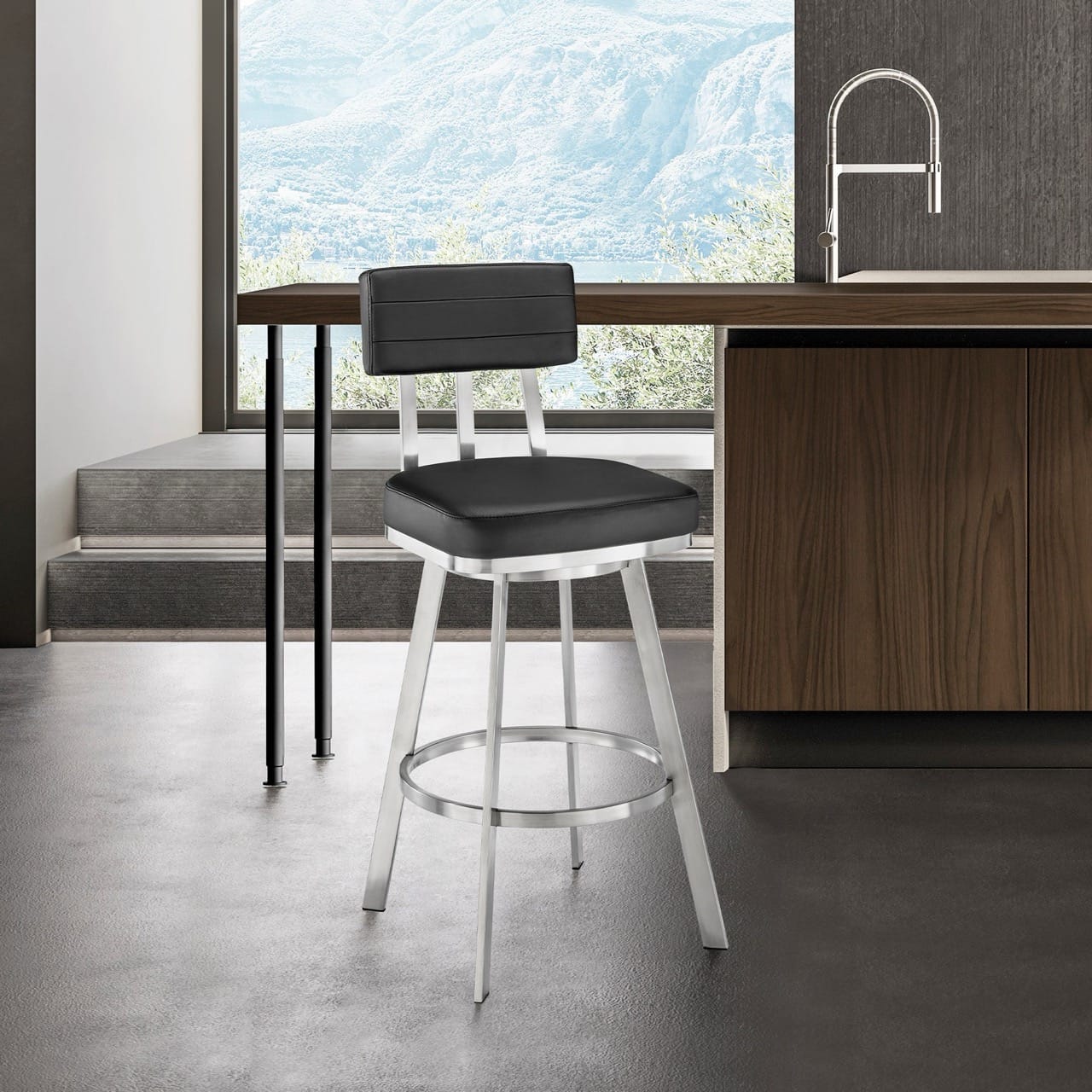 Benjamin 30" Bar Stool - Brushed Steel & Black Faux Leather at Futonland