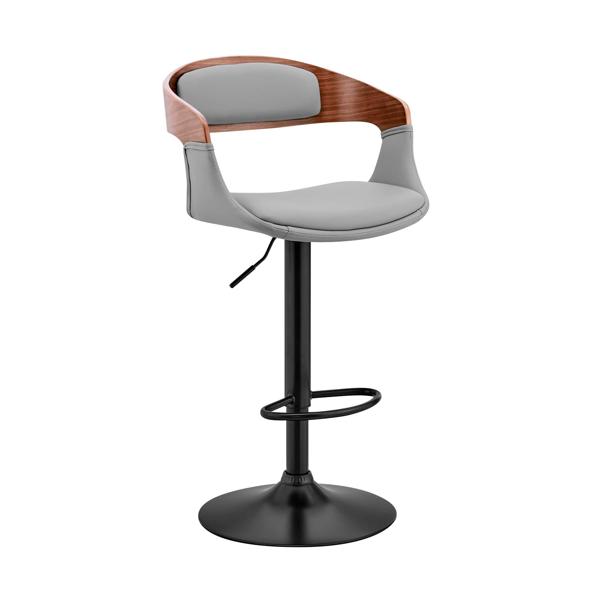 Benson Adjustable Gray Faux Leather & Walnut Wood Bar Stool w/Black ...