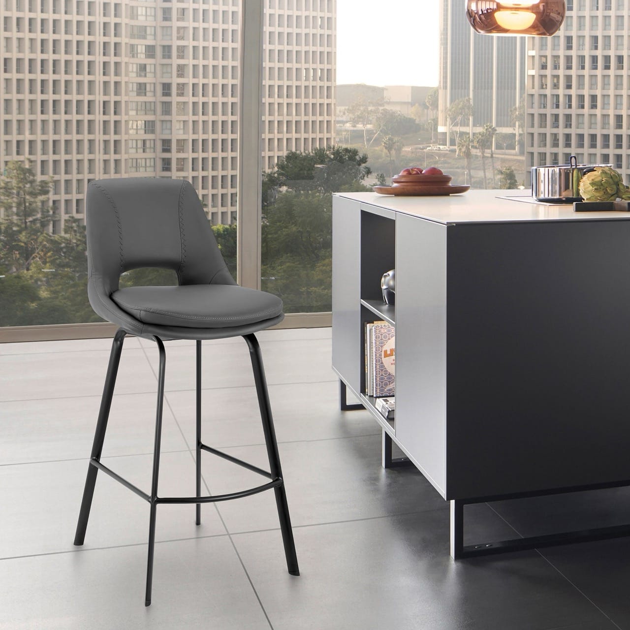 Carise 30" Bar Stool - Grey Bonded Leather & Black Metal at Futonland