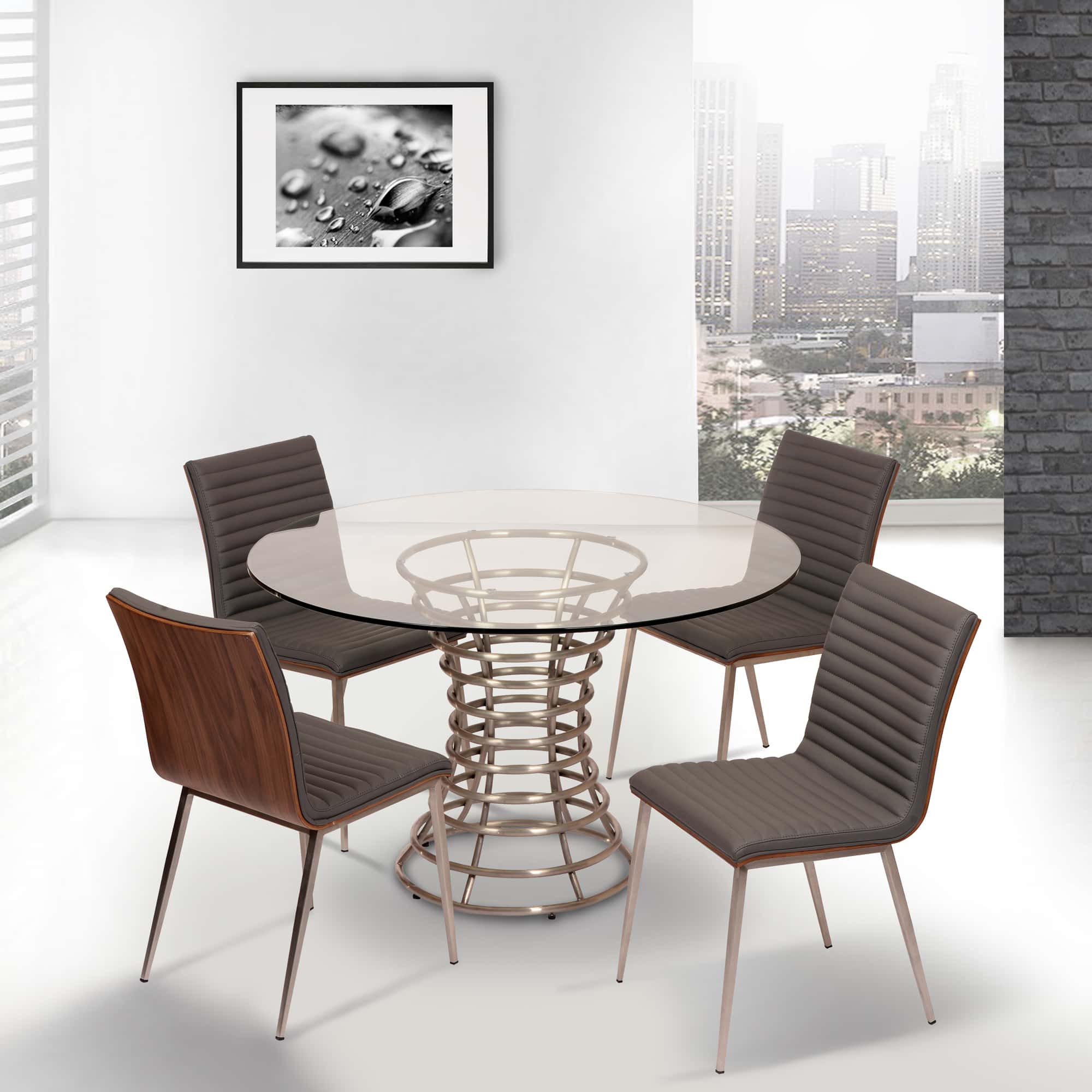 Cafe Brushed Stainless Steel Dining Chair in Gray Faux Leather w/Walnut ...