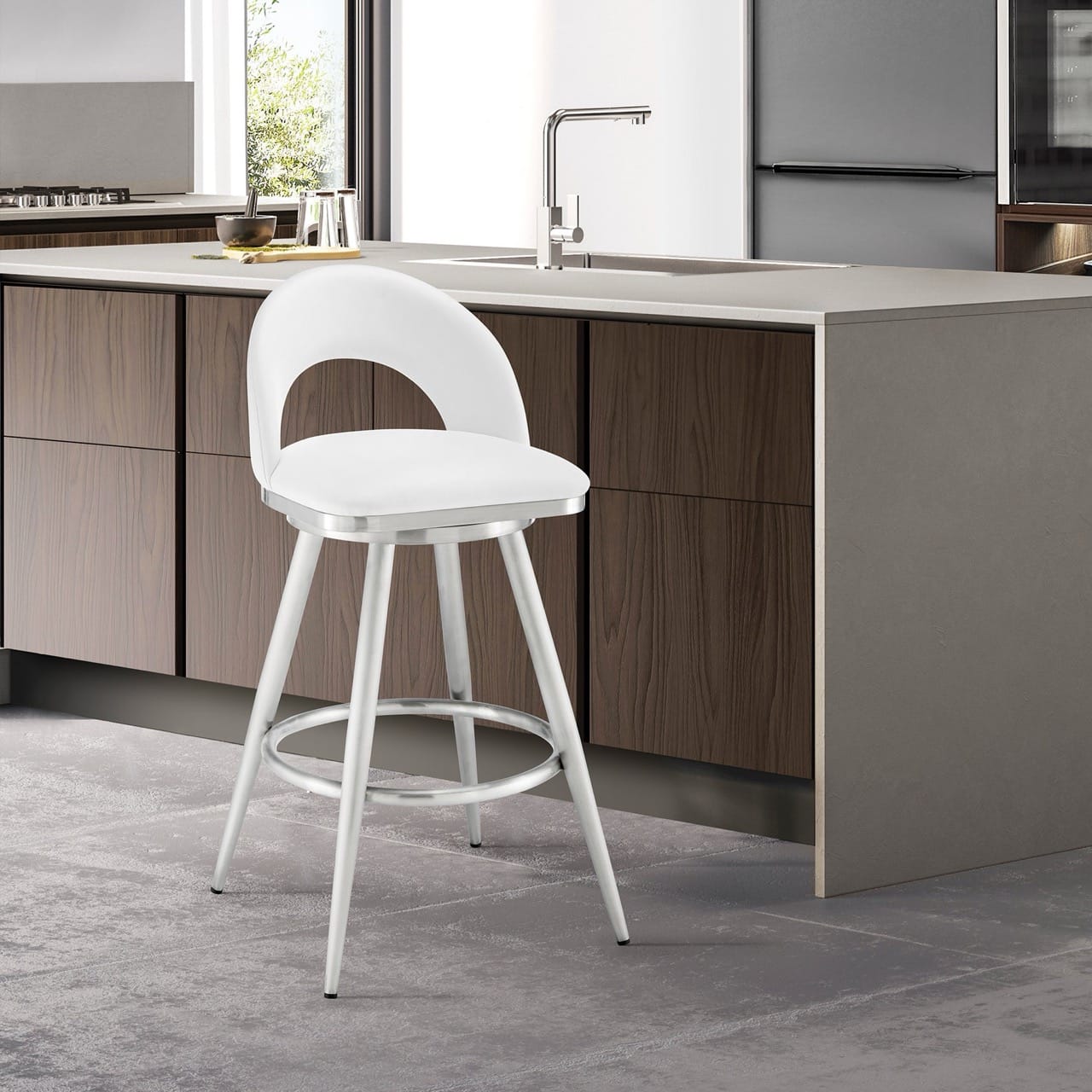Charlotte 30" Bar Stool - White Faux Leather & Brushed Stainless Steel ...