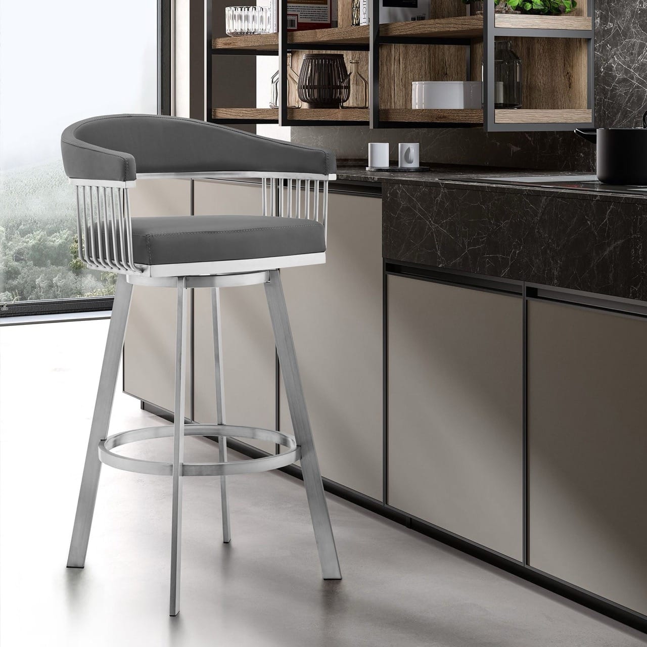 Chelsea 30" Gray Faux Leather & Brushed Stainless Steel Swivel Bar ...
