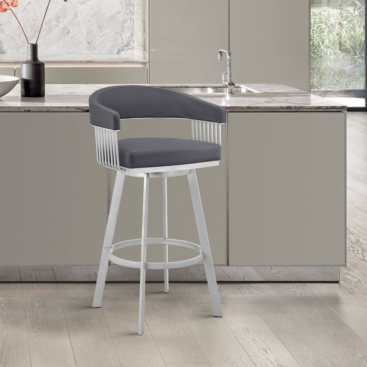 Chelsea 30" Swivel Bar Stool - Vintage Grey Faux Leather & Silver Metal ...