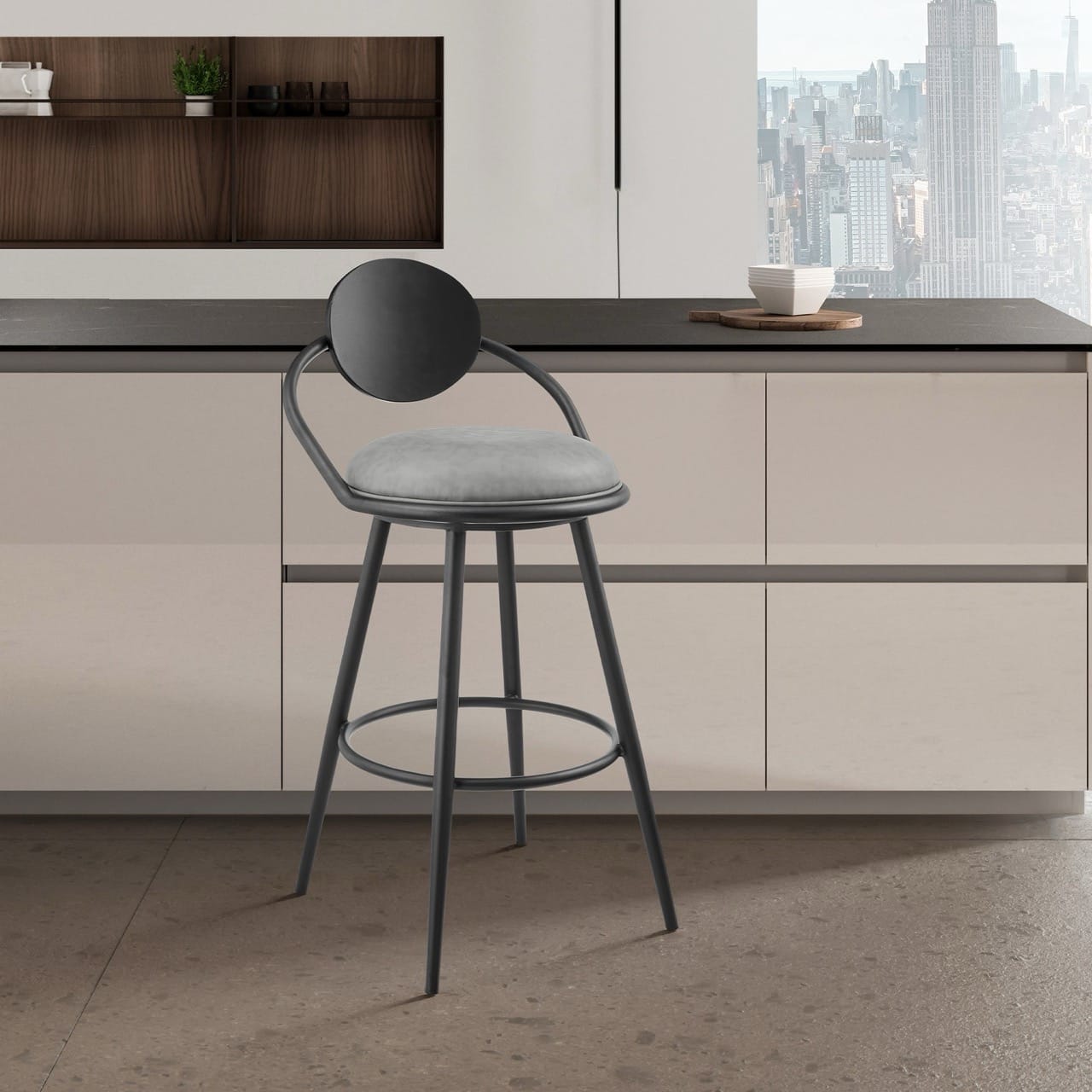 Carnation 30" Swivel Bar Stool - Vintage Gray Faux Leather & Black ...