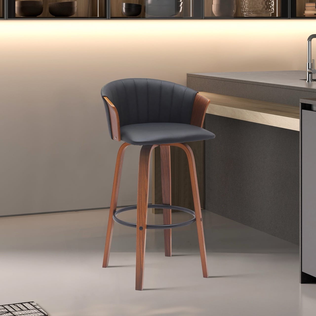 Diana Counter Bar Stool - Black Faux Leather & Walnut Wood at Futonland