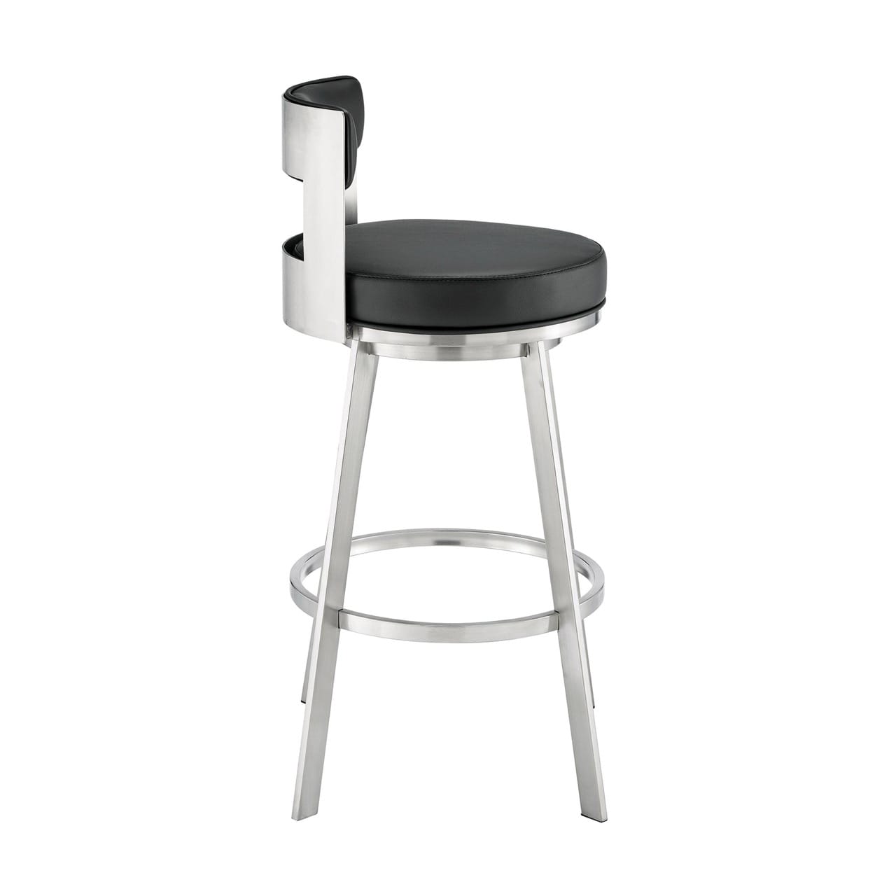 Flynn 30" Bar Stool - Black Faux Leather & Brushed Steel at Futonland