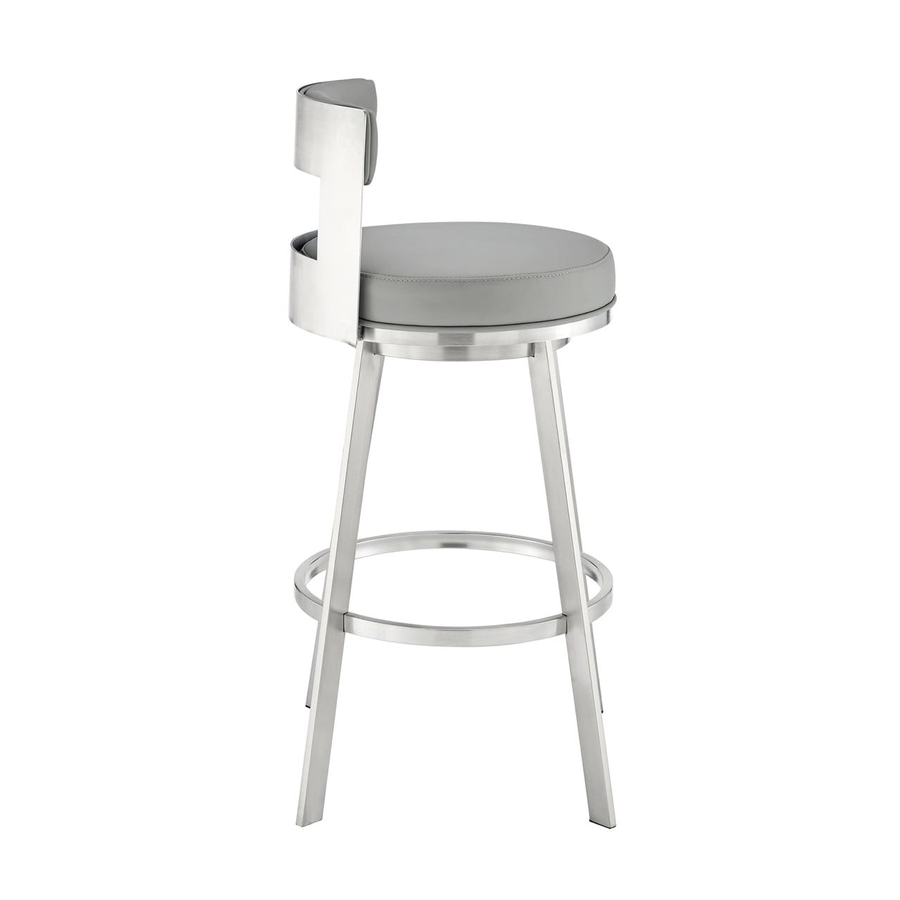 Flynn 30" Bar Stool - Light Grey Faux Leather & Brushed Steel at Futonland