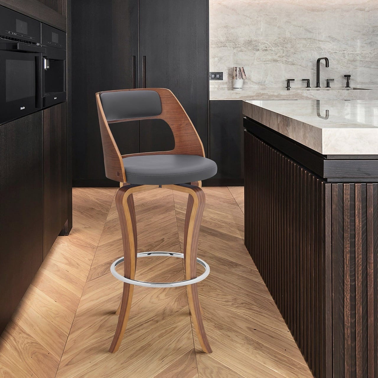 Grady 26" Bar Stool - Grey Bonded Leather & Walnut Wood, Chrome at ...