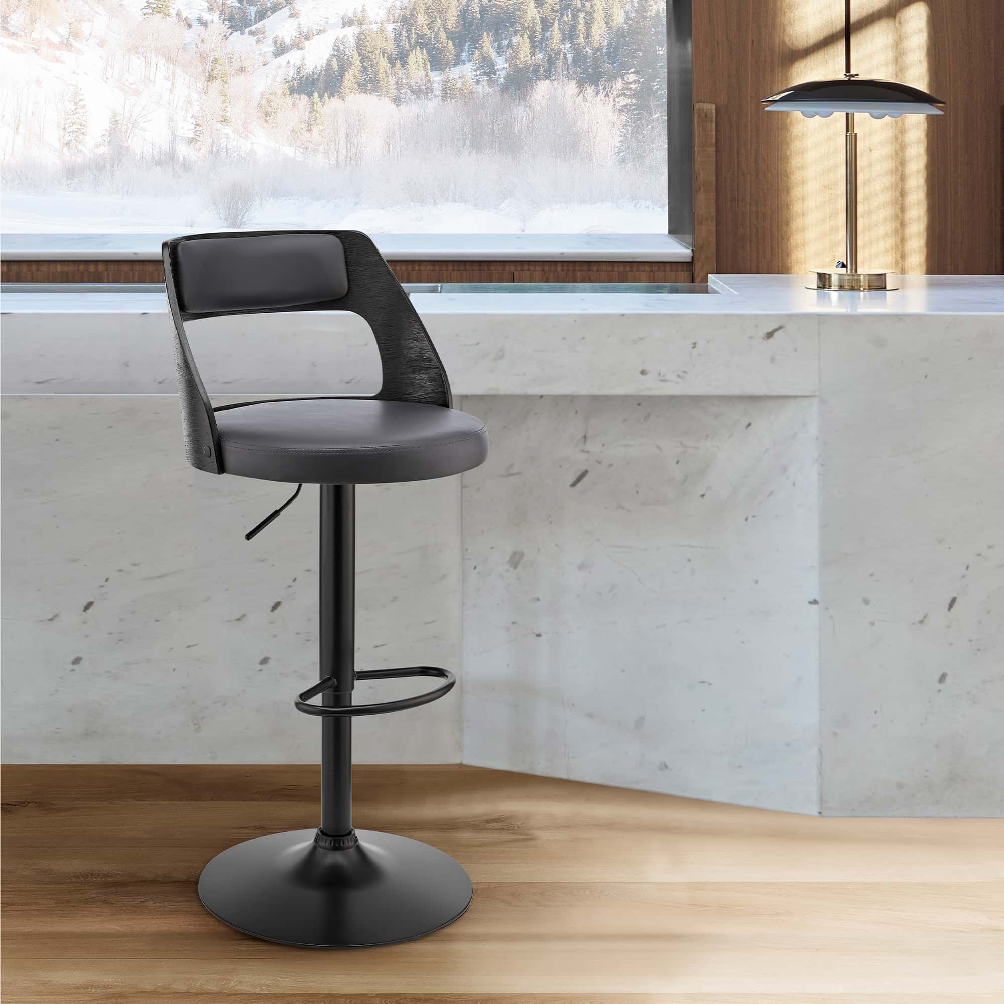 Itzan Adjustable Swivel Grey Faux Leather & Black Wood Bar Stool w ...