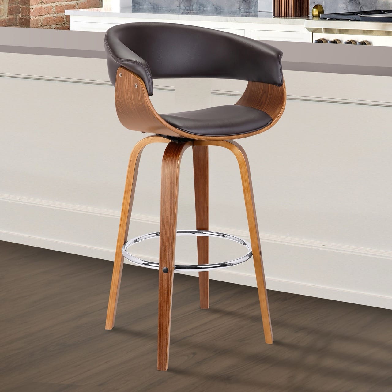 Julyssa 30" Swivel Bar Stool - Brown Faux Leather & Walnut Veneer ...