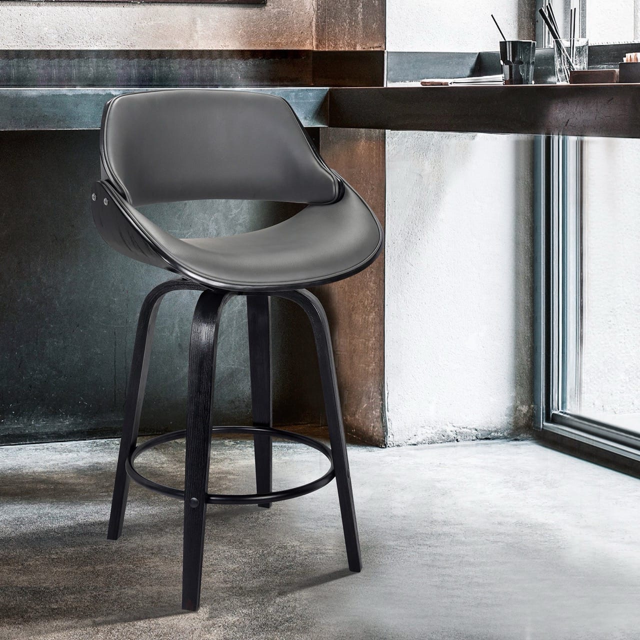 Mona 30" Bar Height Swivel Grey Faux Leather & Black Wood Bar Stool by ...