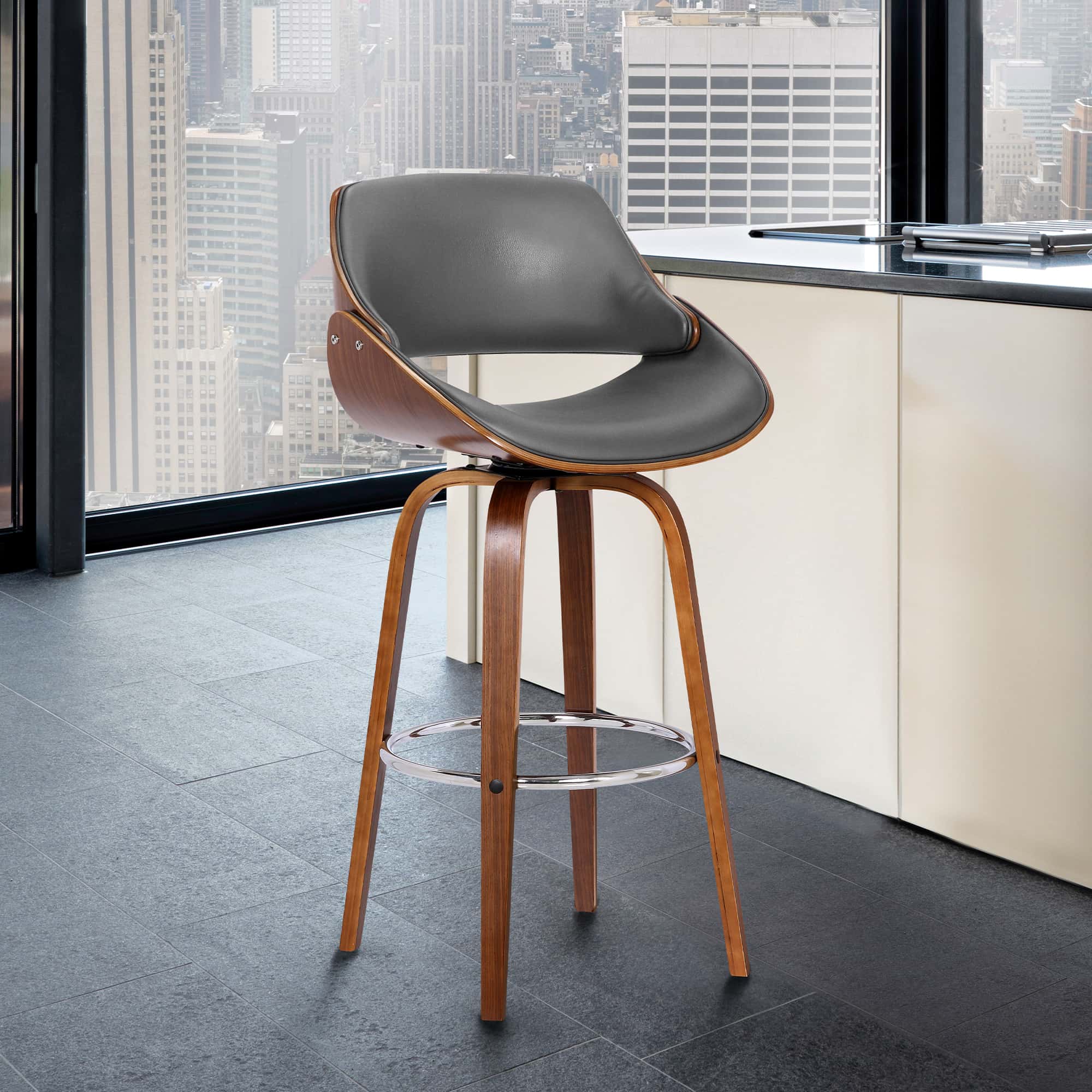 Mona 30" Bar Height Swivel Grey Faux Leather & Walnut Wood Bar Stool by ...