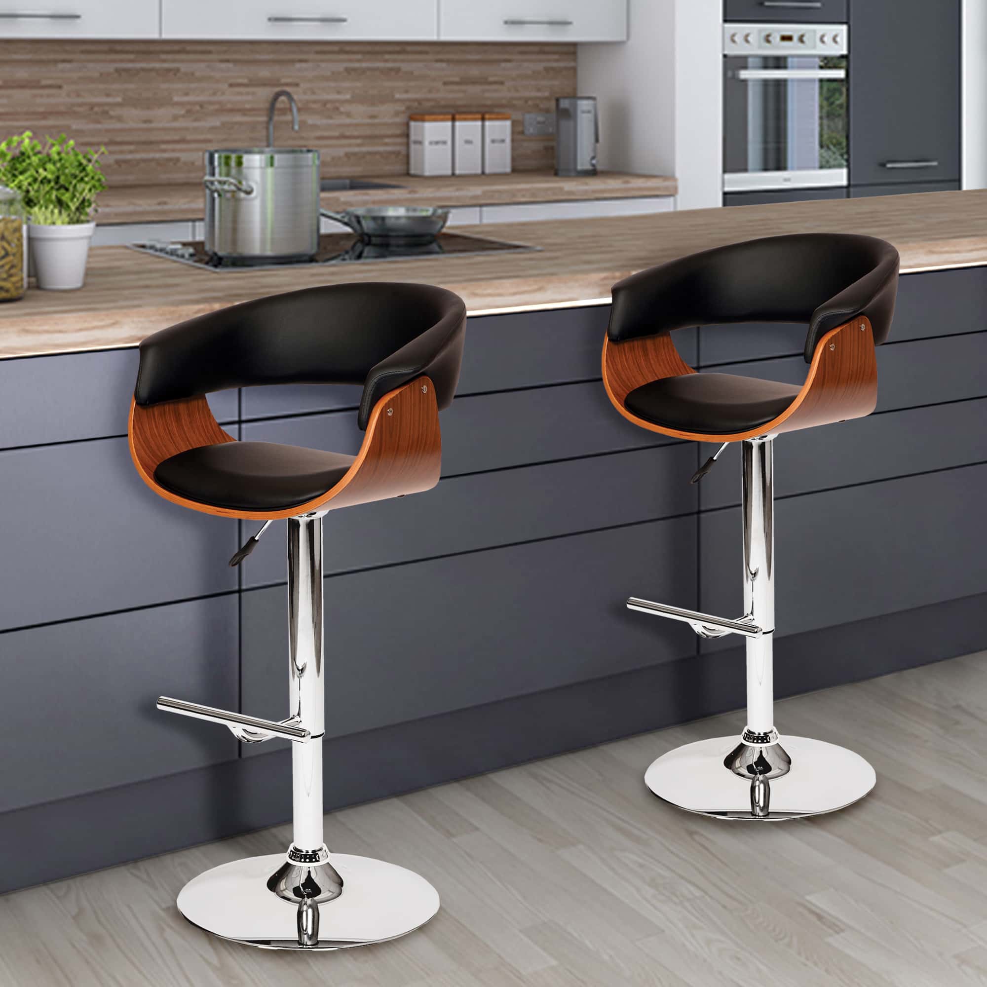 Paris Black Faux Leather Adjustable Height Swivel Walnut Wood & Chrome ...