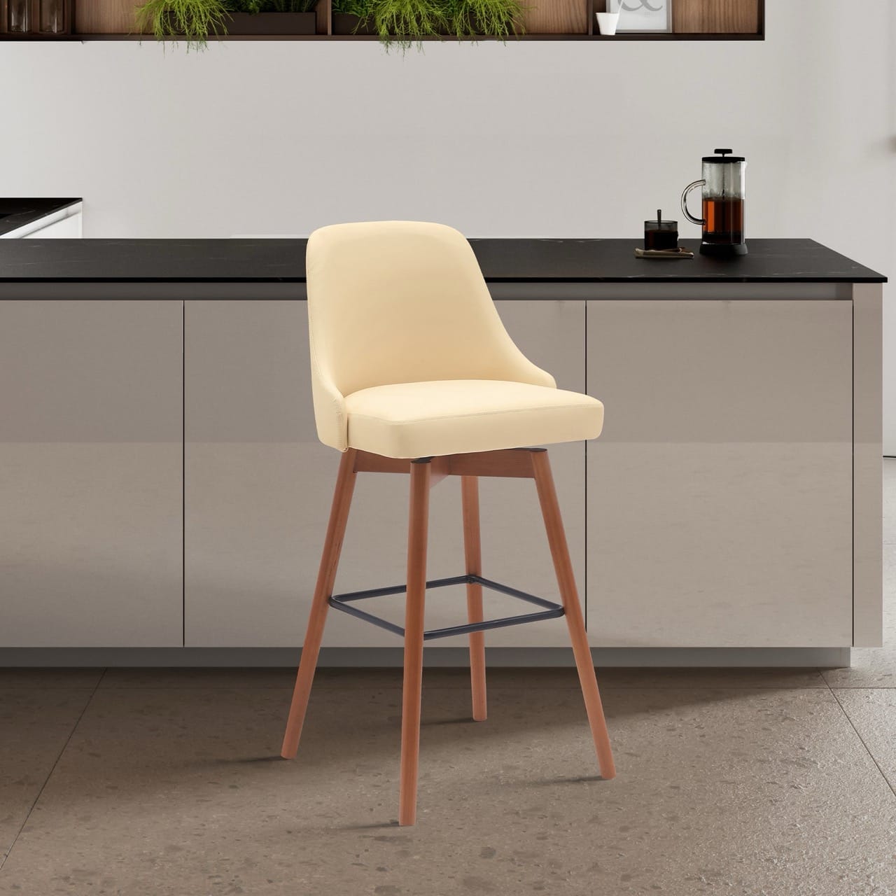 Sicily 26" Counter Bar Stool - Cream Faux Leather & Walnut Wood, Black ...