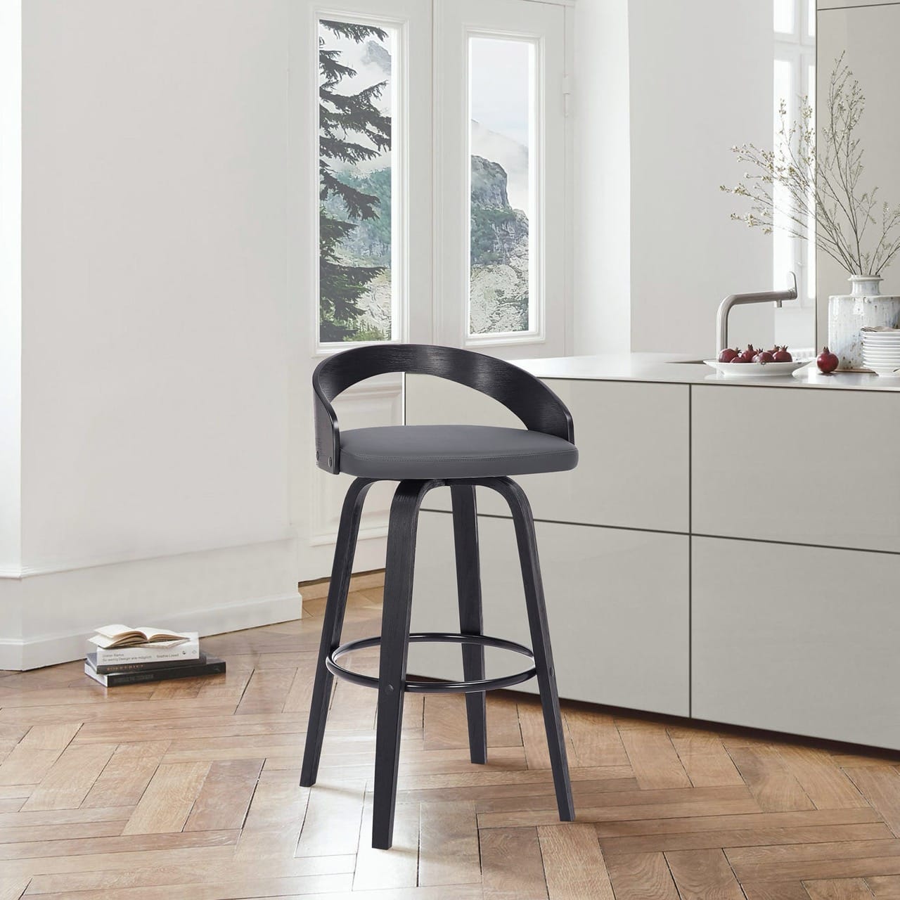 Sonia 26" Swivel Bar Stool - Grey Bonded Leather & Black Brush Wood ...