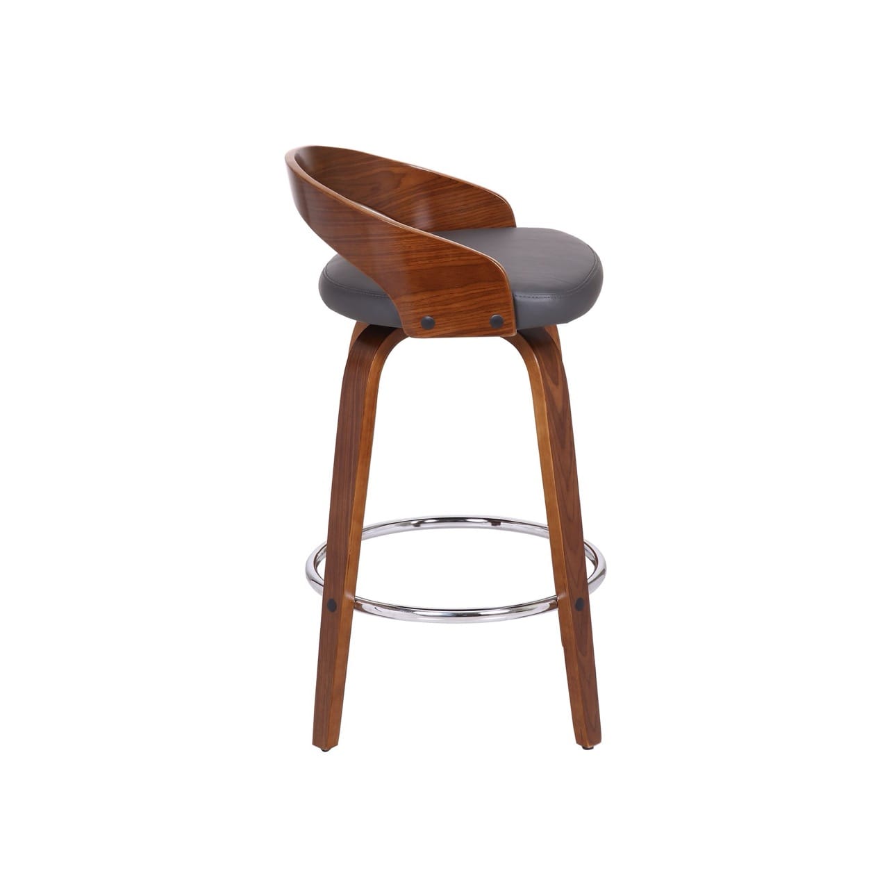 Sonia 30" Swivel Bar Stool - Grey Faux Leather & Walnut Veneer, Chrome ...