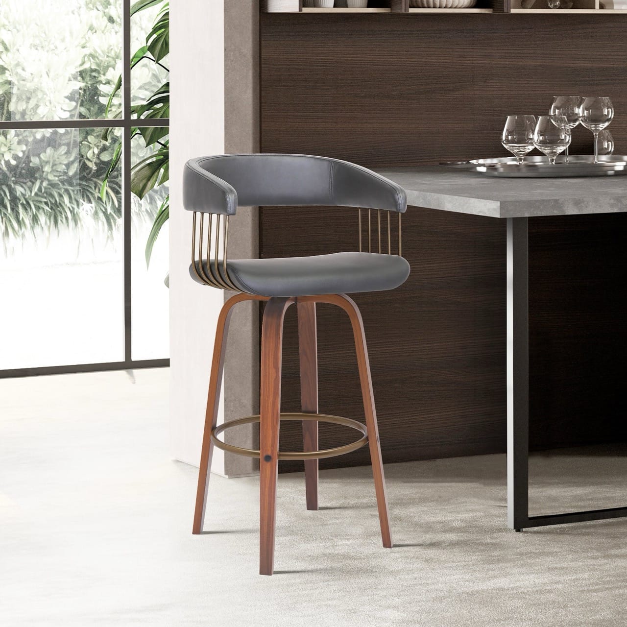Topanga 30" Swivel Bar Stool - Grey Faux Leather & Walnut Wood, Golden ...