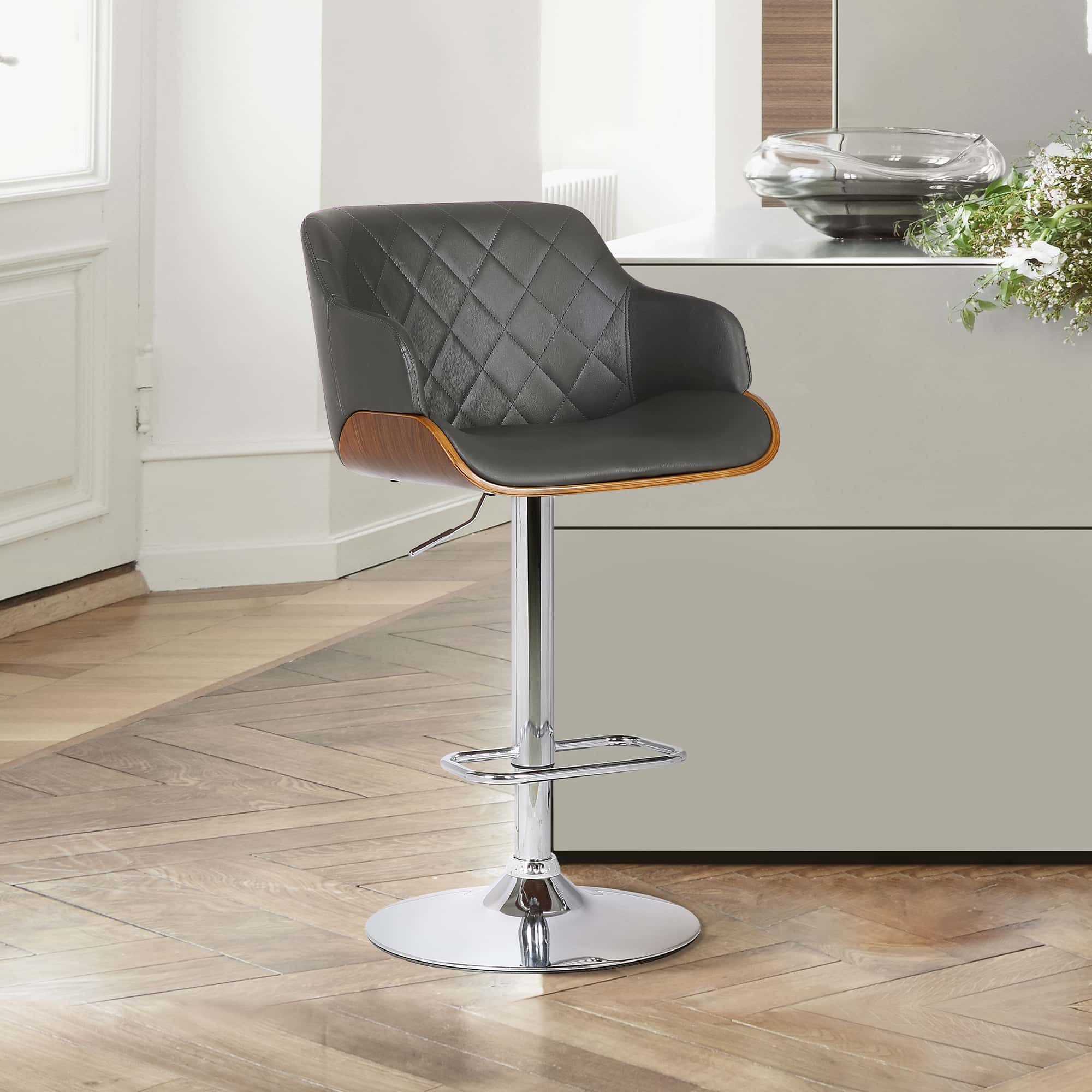 Toby Grey Faux Leather Adjustable Height Swivel Walnut Wood & Chrome ...