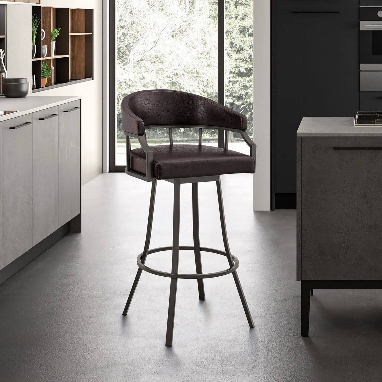 Valerie 30" Swivel Brown Faux Leather & Java Brown Metal Bar Stool at ...
