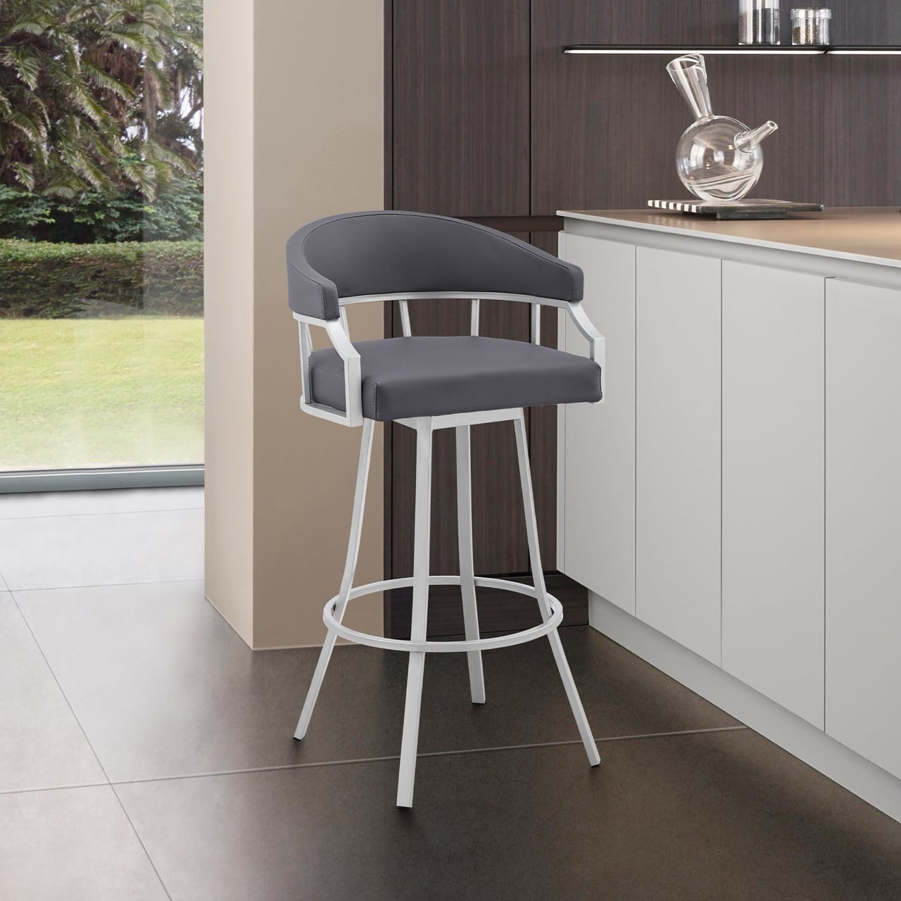 Valerie 26" Swivel Slate Grey Faux Leather & Silver Metal Bar Stool by ...