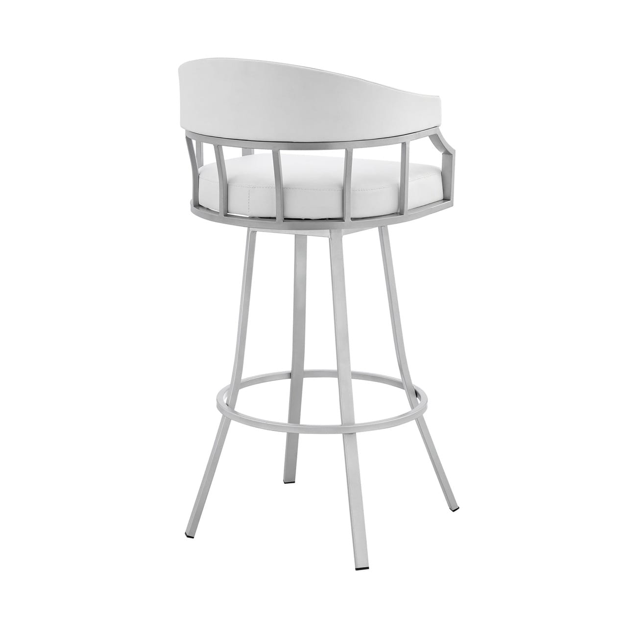 Valerie 30" Swivel White Faux Leather & Silver Metal Bar Stool at Futonland