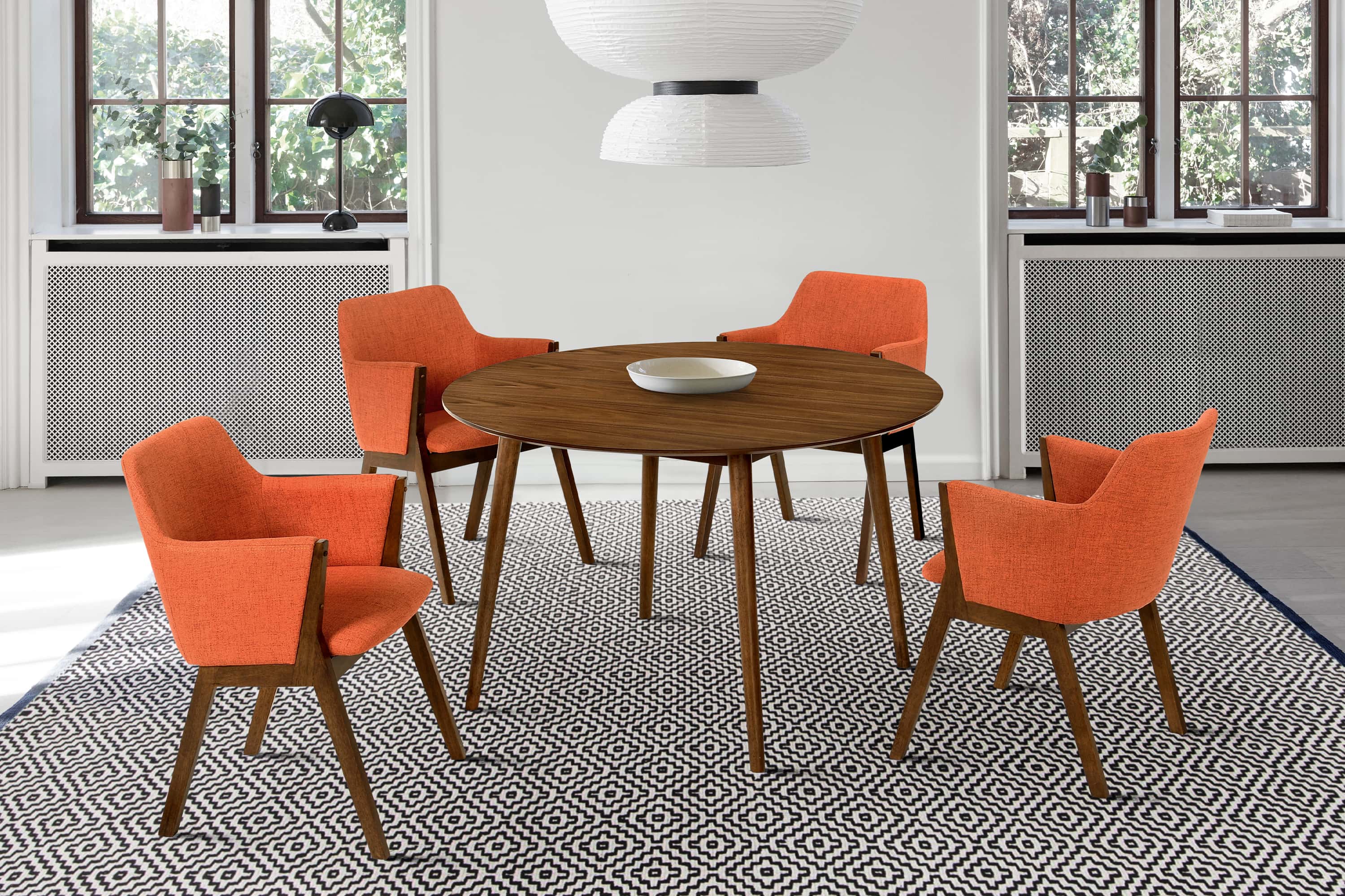 Arcadia and Renzo 48" Round Orange & Walnut Wood 5 Piece Dining Set at ...