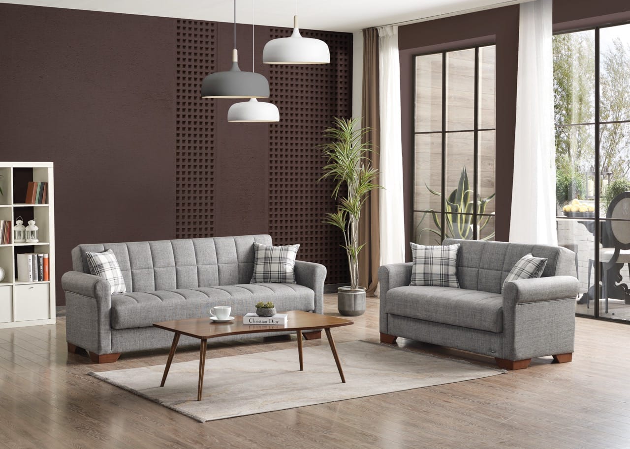 Orbit Fabric 59" Wide Convertible Loveseat w/Storage - Gray at Futonland
