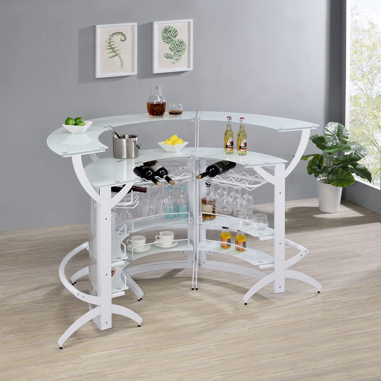 Dallas 2-shelf Curved Home Bar White and Frosted Glass at Futonland