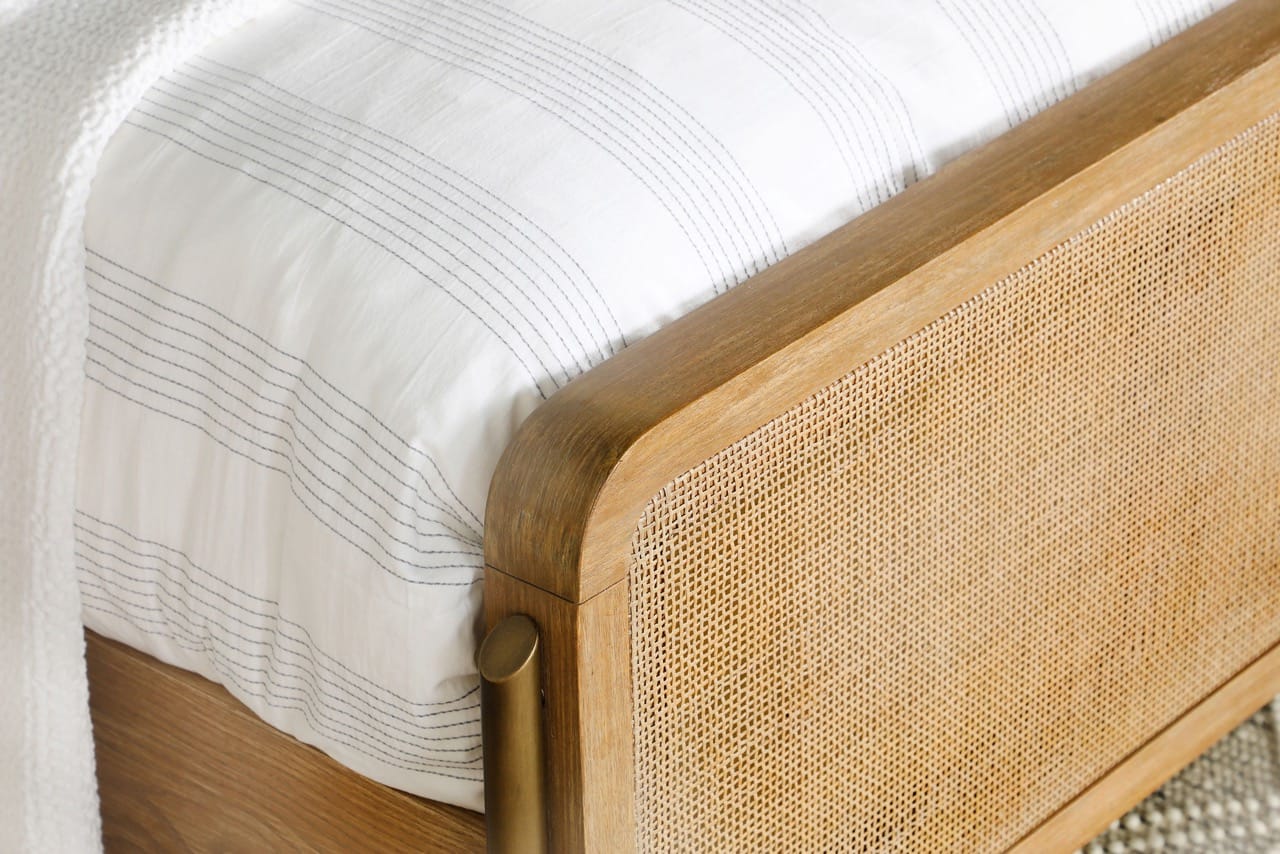 Arini Upholstered Eastern King Panel Bed Sand Wash and Natural Cane at ...