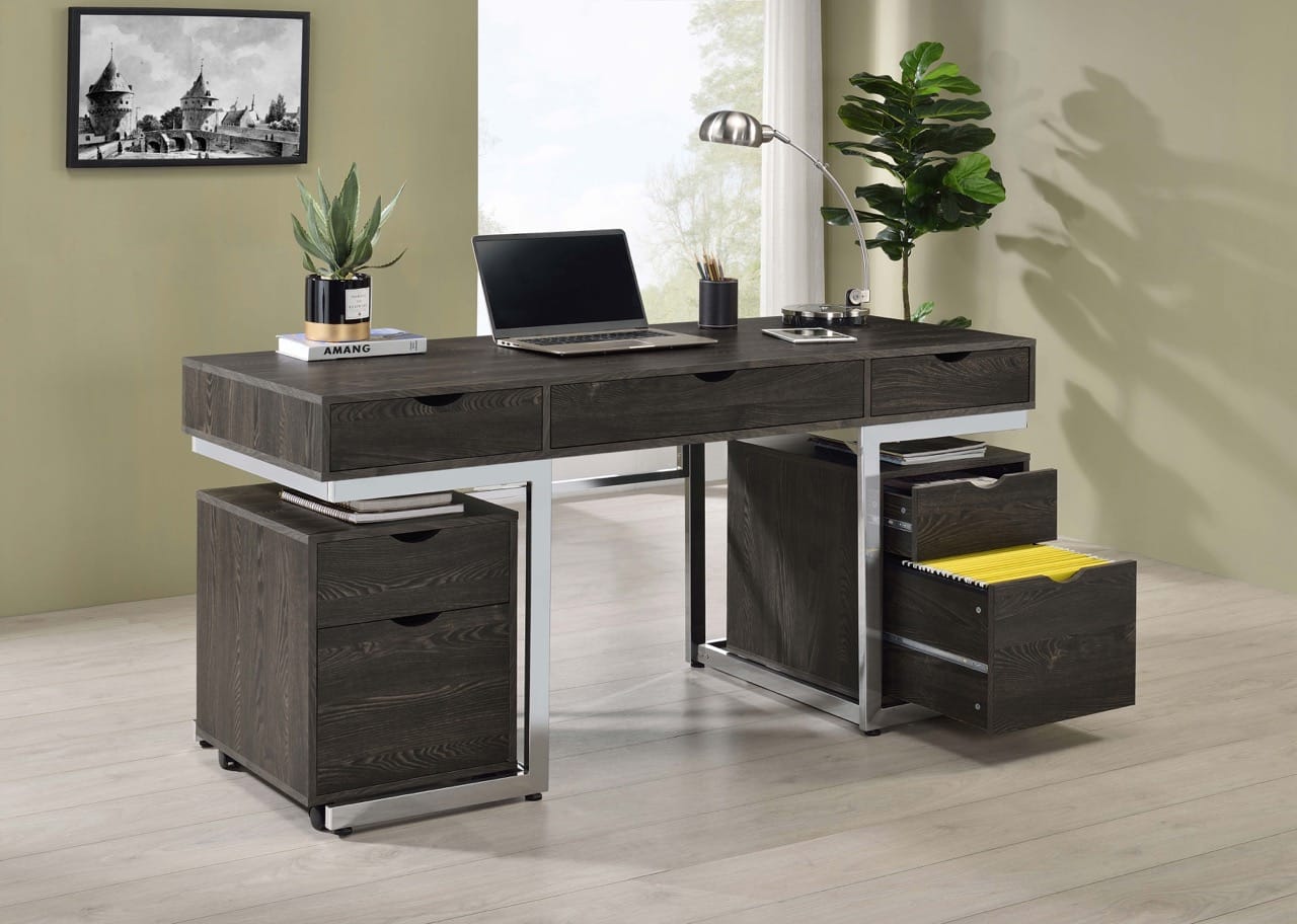 Noorvik 3-drawer Writing Desk Dark Oak and Chrome at Futonland