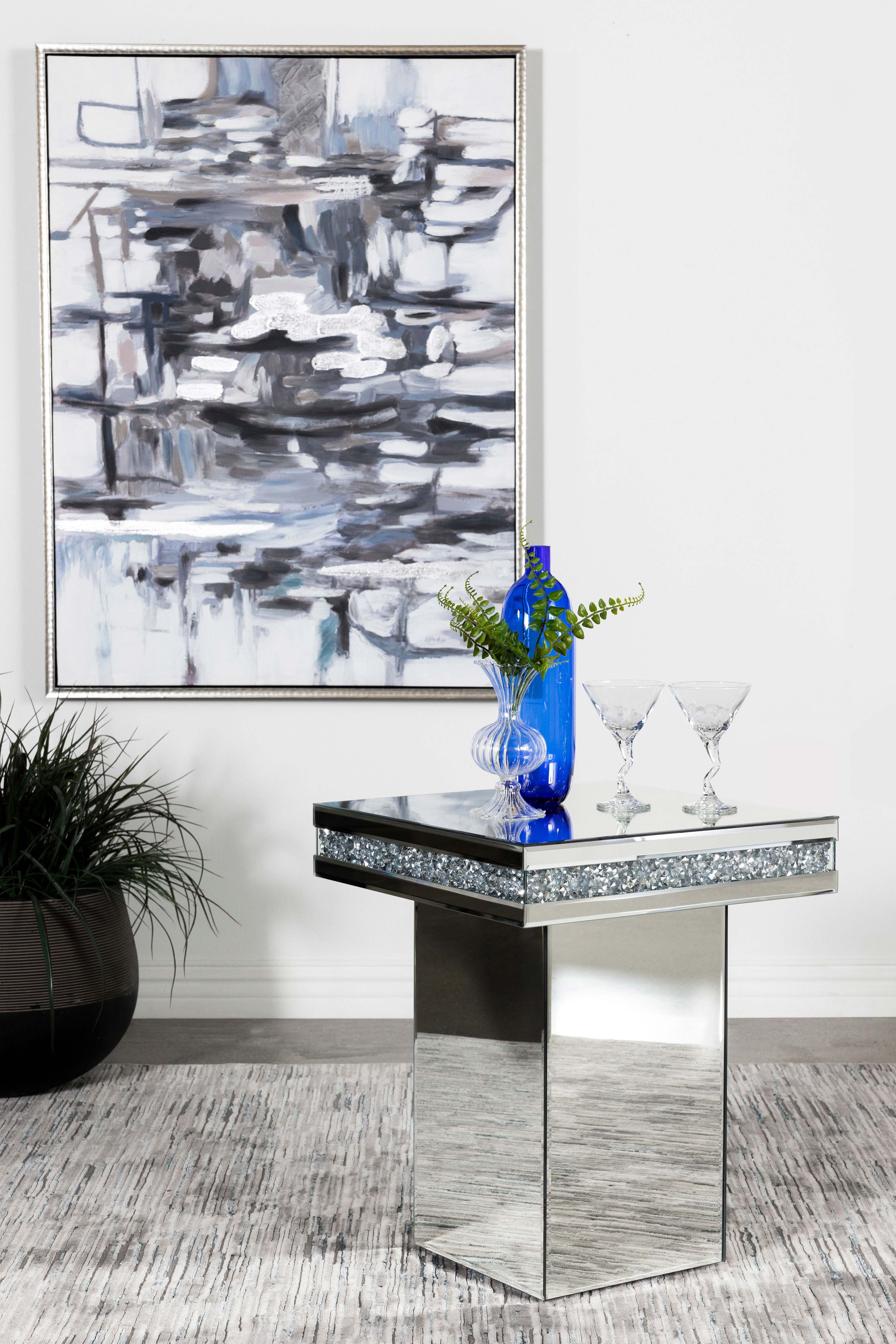 Elora Pedestal Square Top Accent Table Mirror at Futonland