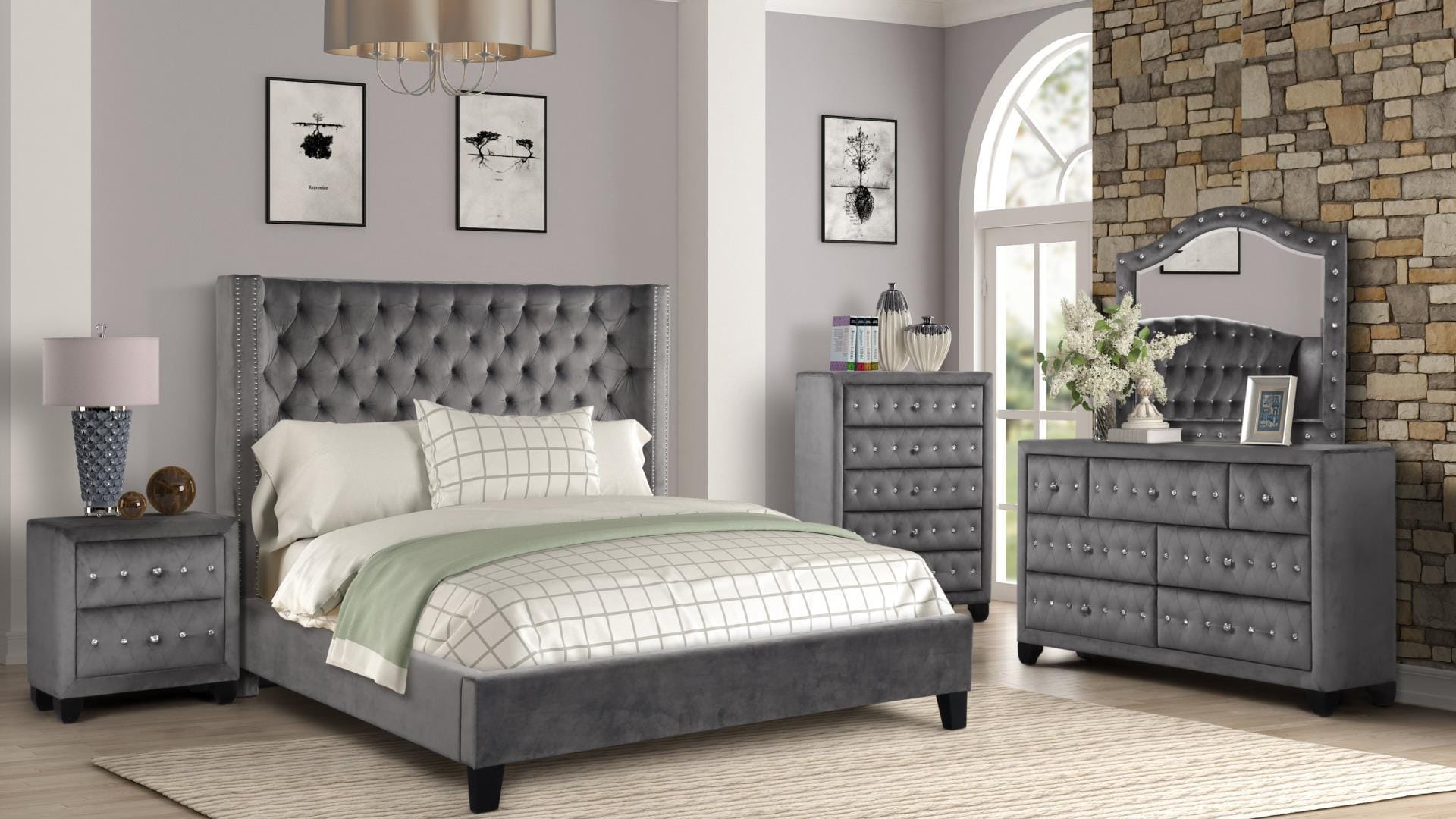 Allen Gray Velvet Tufted Bedroom Set by Galaxy Furniture