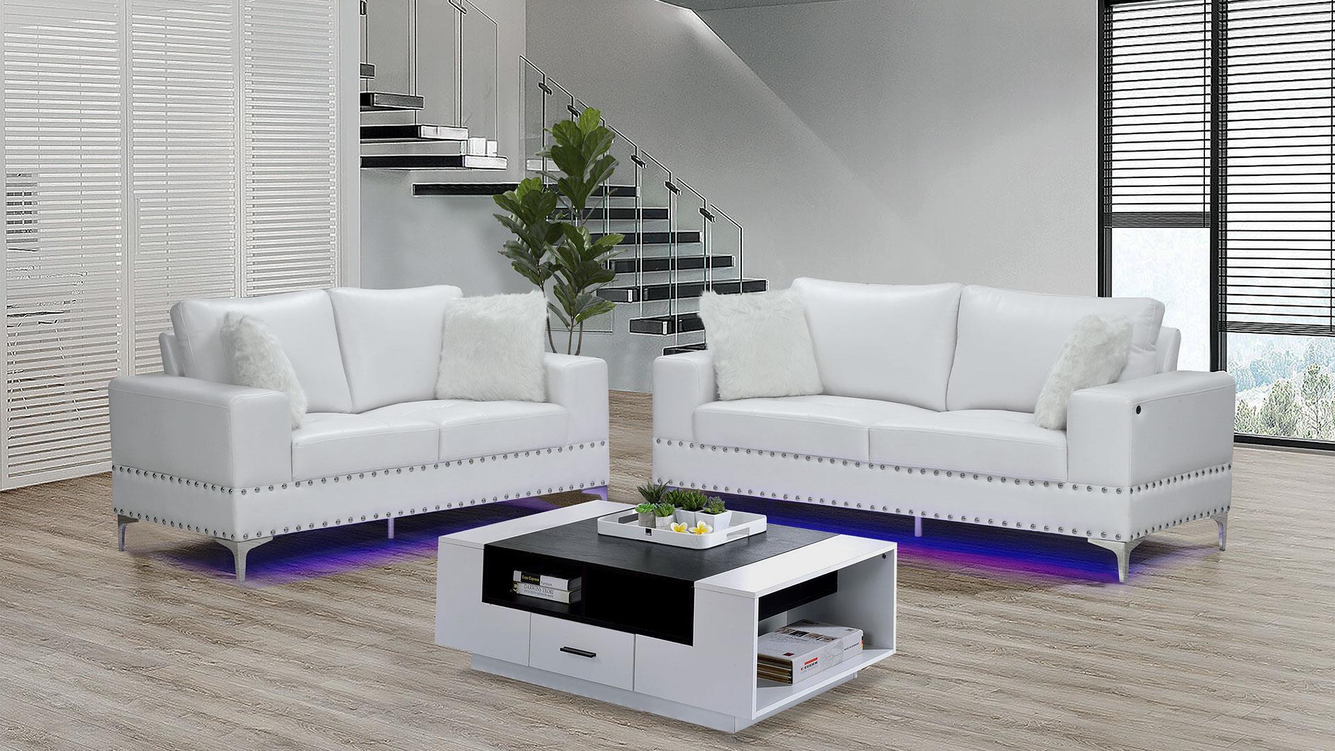 U98 Blanche White Sofa w/2 Furry Pillows & Led at Futonland