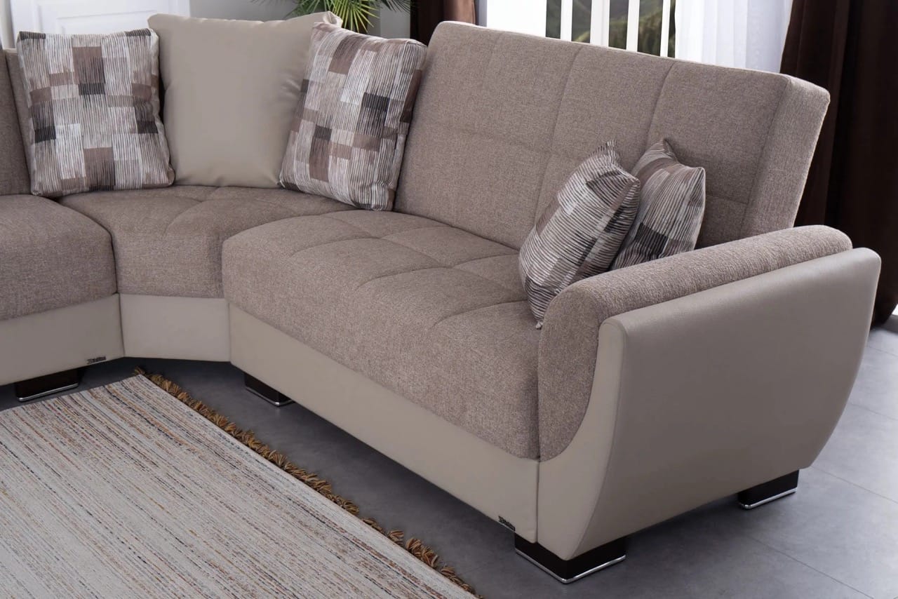 Armada Beige/Cream PU Flair Arms w/Walnut Legs 3PC Sectional at Futonland
