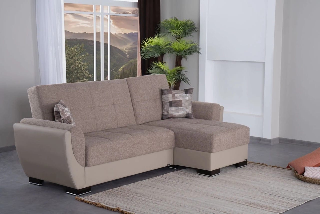 Armada Beige/Cream PU Flair Arms w/Walnut Legs Sectional at Futonland