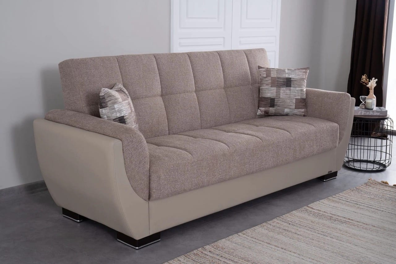 Armada Beige/Cream PU Flair Arms w/Walnut Legs Sofa Sleeper at Futonland