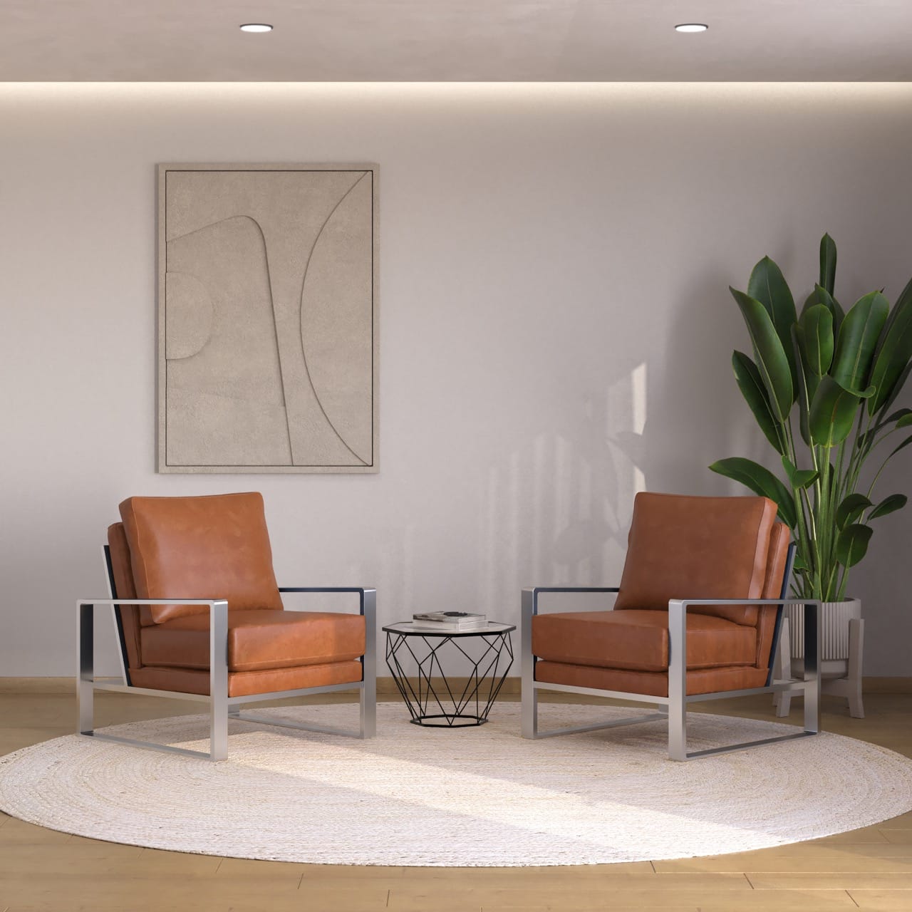 Jefferson Leather Armchair w/Silver Frame & Octagon Coffee Table with ...