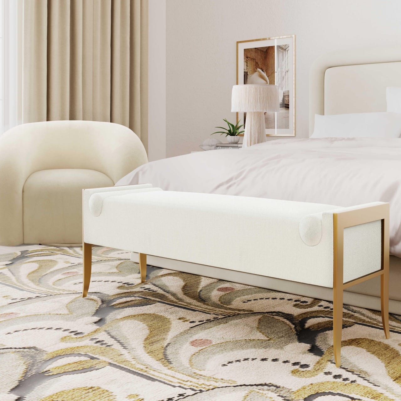 Ines Cream Textured Velvet Bench at Futonland