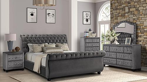 Kendall Gray Velvet Fabric Tufted Bedroom Set by Galaxy Furniture